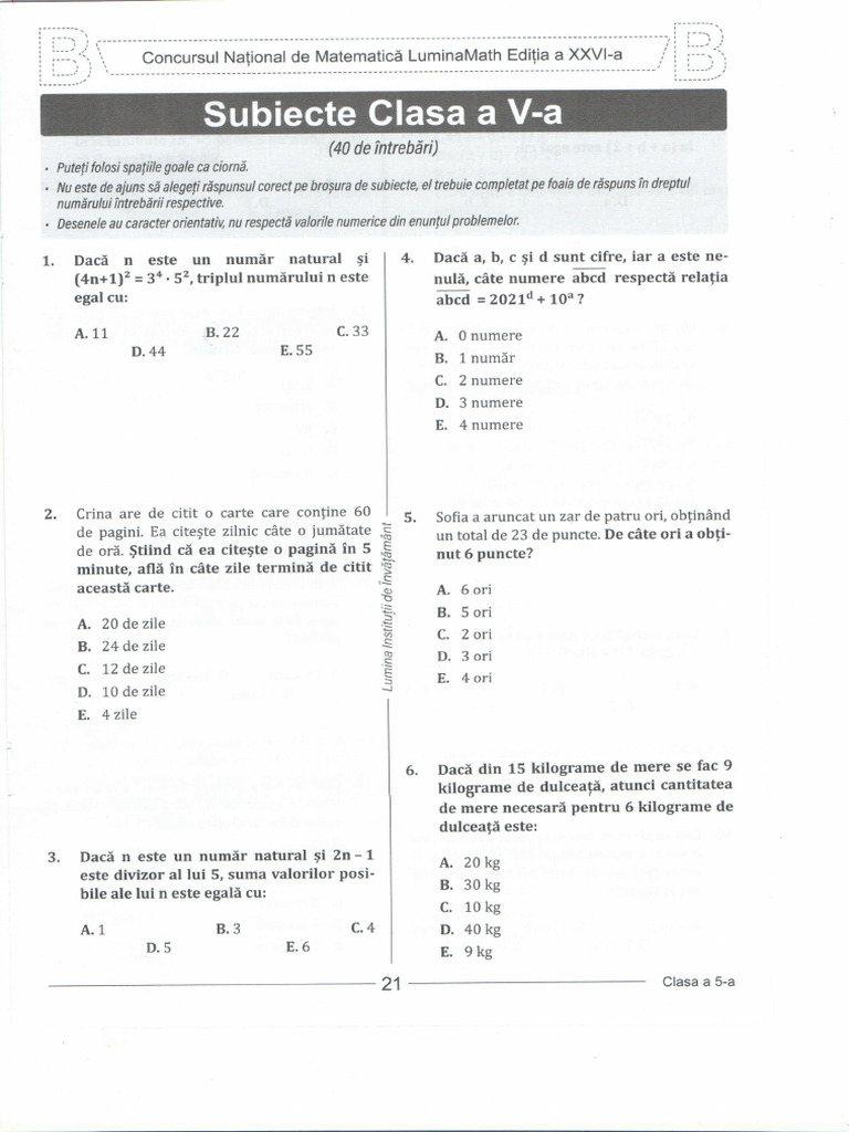 Luminamath 2022 - Clasa A Cincea | PDF