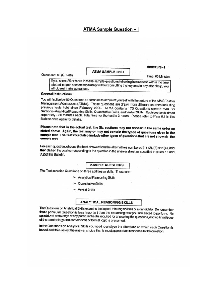 ATMA Sample Exam Questions | PDF