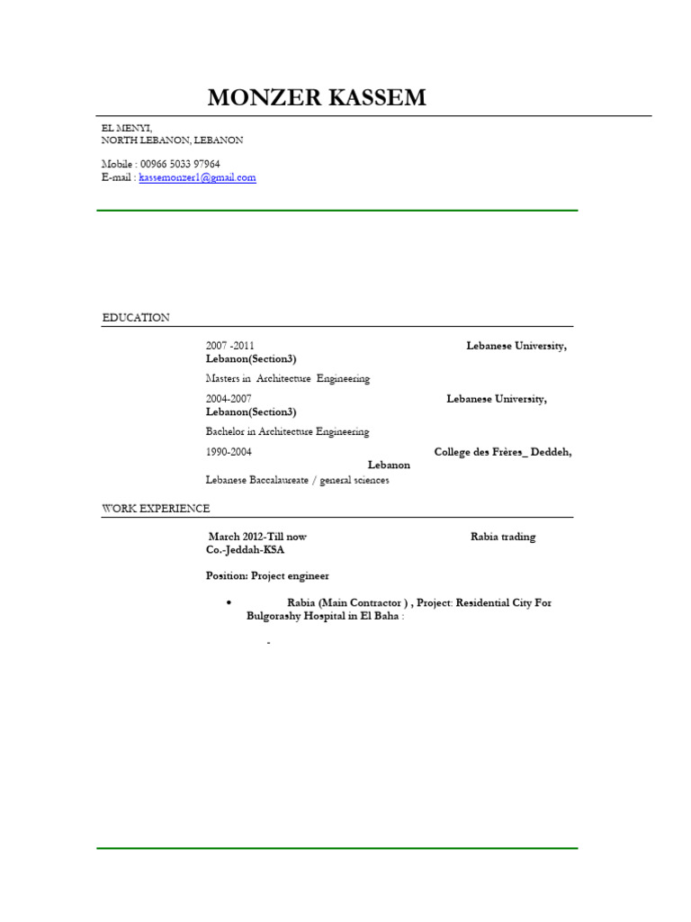 Monzer Kassem CV | PDF | Kitchen | Tile