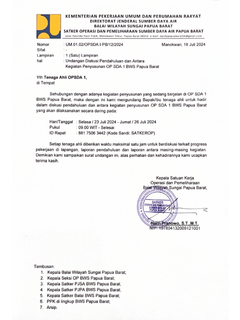 Undangan Diskusi Pendahuluan Dan Antara Kegiatan Penyusunan OP SDA 1 | PDF