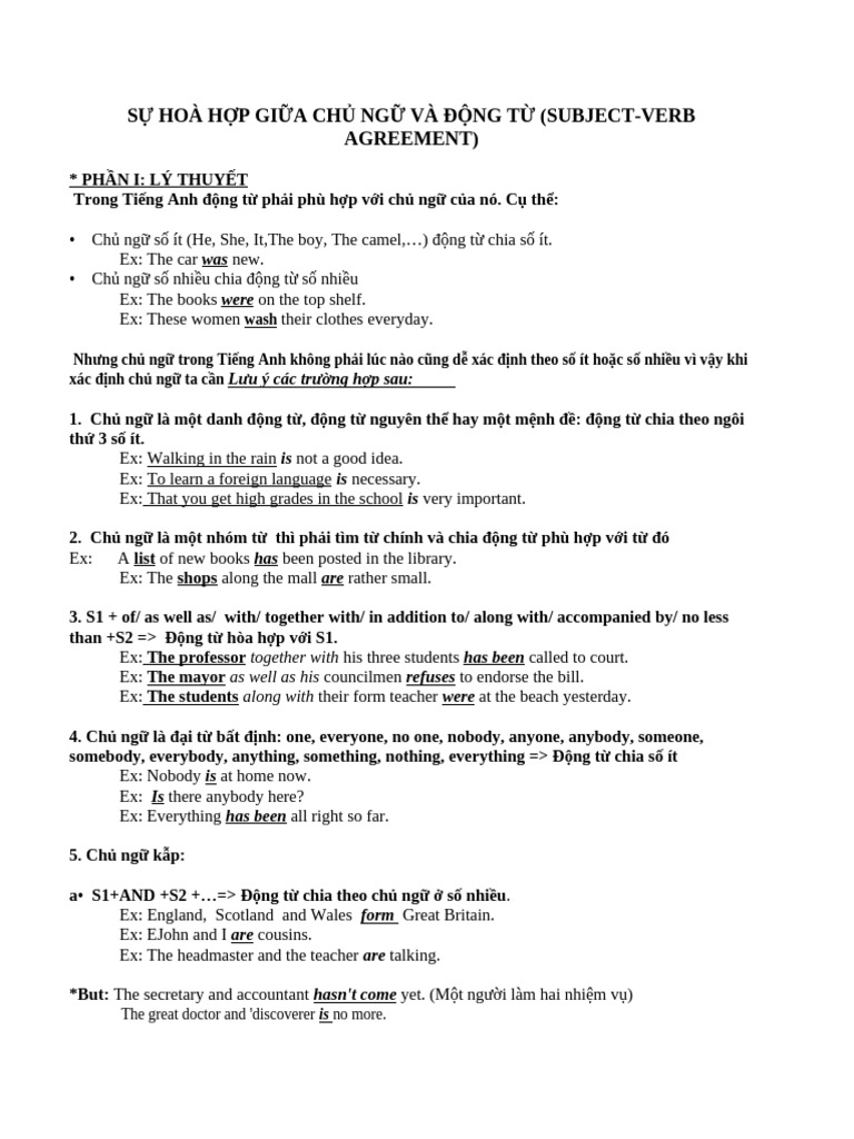 S Hoà H P Gi A CH NG Và Đ NG T (Subject-Verb Agreement) : Was Were | PDF