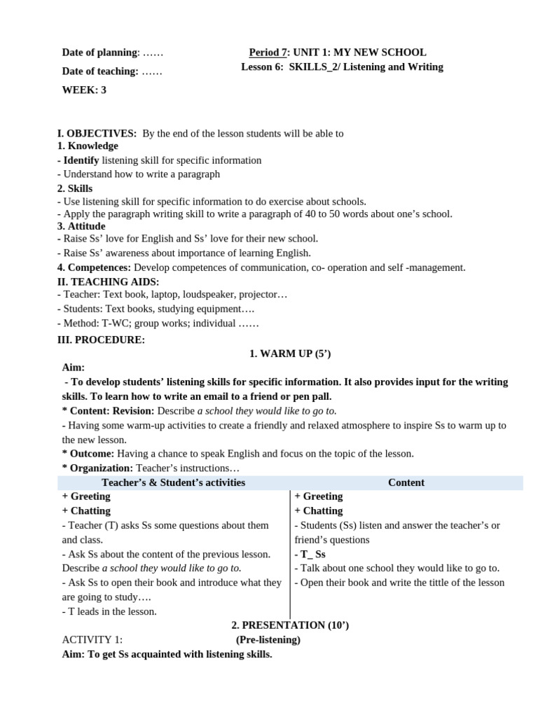 Period 7 - Unit 1 - My New School | PDF | Question | Teachers