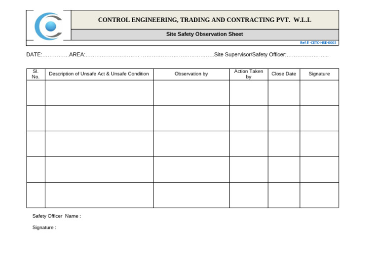 Site Safety Observation Sheet Template | PDF | Technology & Engineering