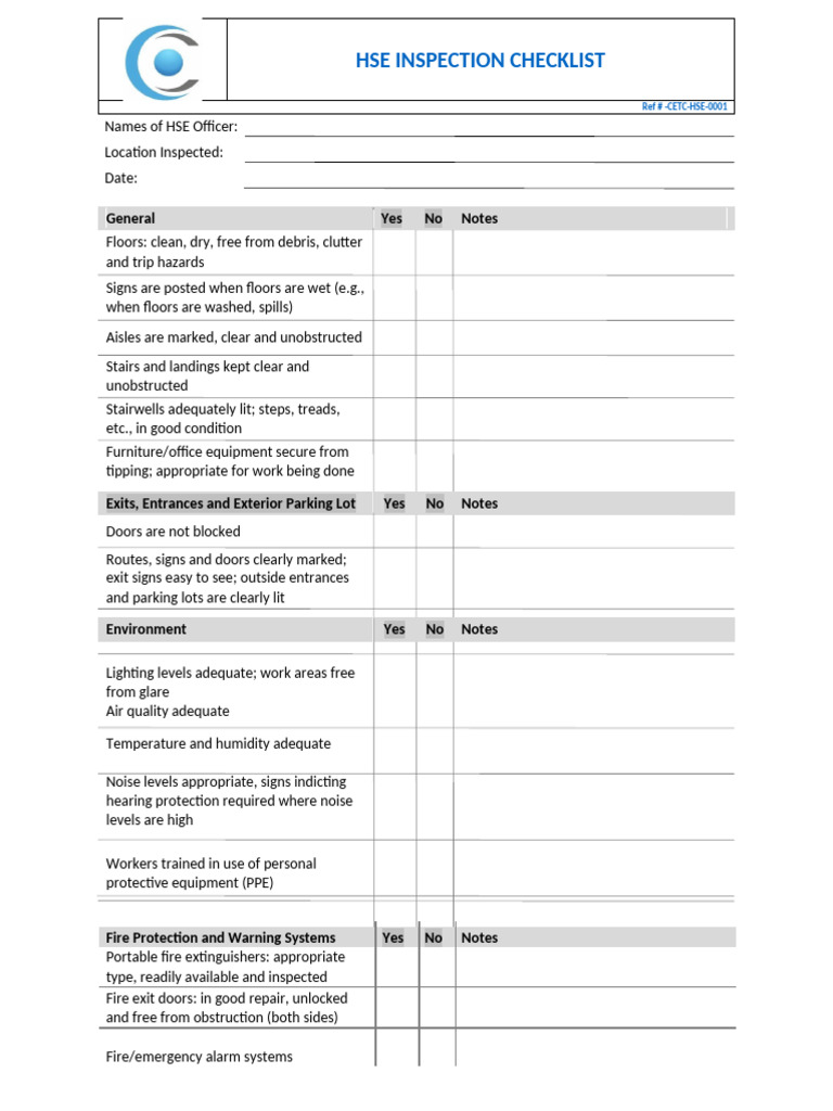 01-HSE Inspection Check List | PDF | Personal Protective Equipment | Stairs