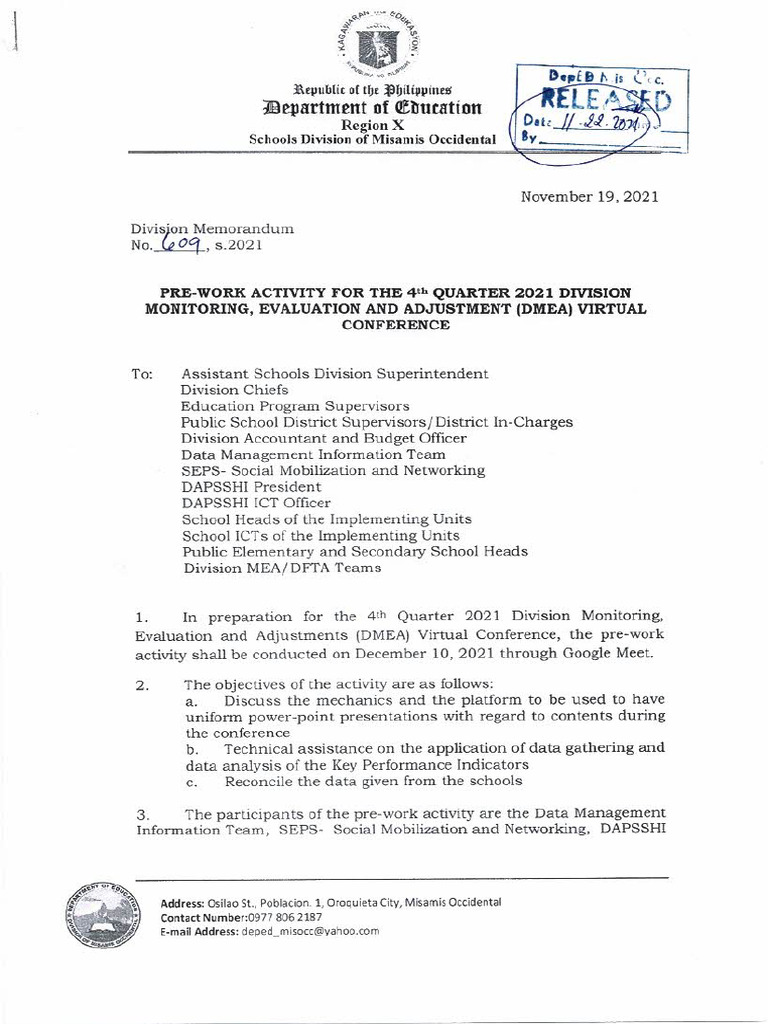 DepED Mis Occ - DM.-609-S.-2021-PRE-WORK-ACTIVITY-FOR-THE-4TH-QUARTER ...