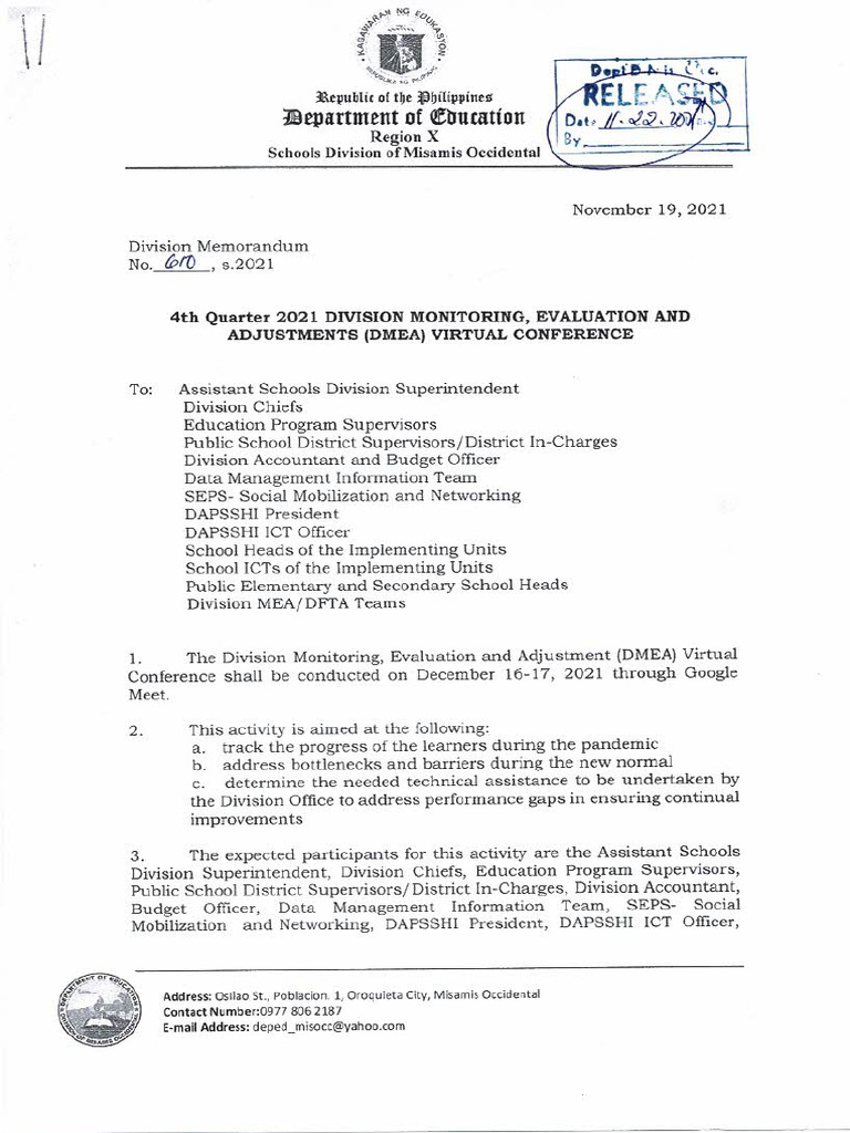DepED Mis Occ - DM.-610-S.-2021-4TH-QUARTER-2021-DIVISION-MONITORING ...