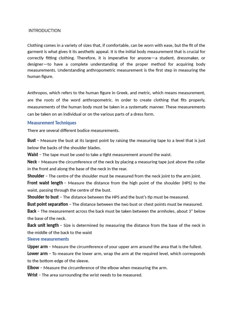 Chapter 7 Anthropometric Study | PDF | Waist | Clothing