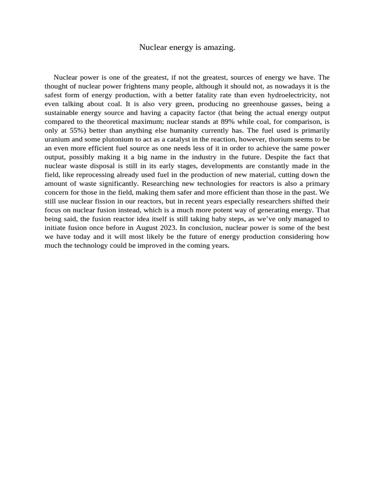 Nuclear Energy Essay | PDF | Science & Mathematics