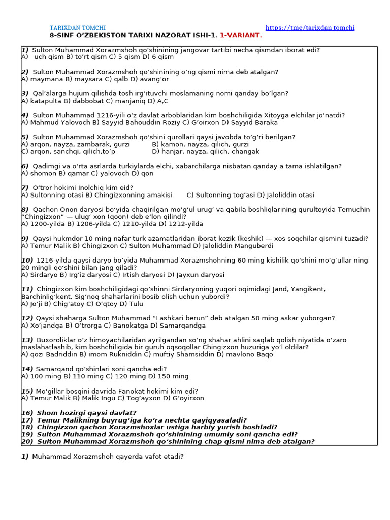 8 Uzb Nazorat Ishi-1 | PDF