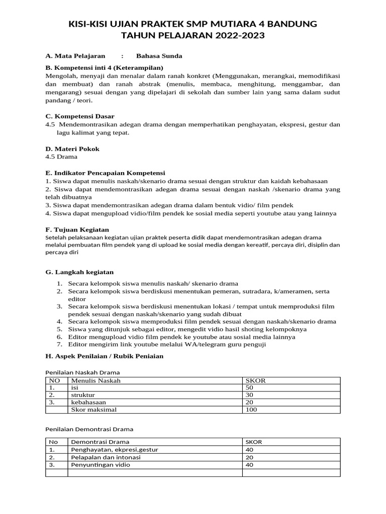 Kisi-Kisi Ujian Praktek Drama 2022-2023 | PDF