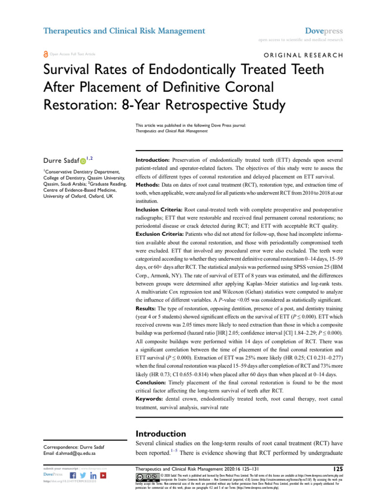 Sadaf 2020 Survival Rates of Endodontically Treated Teeth After ...