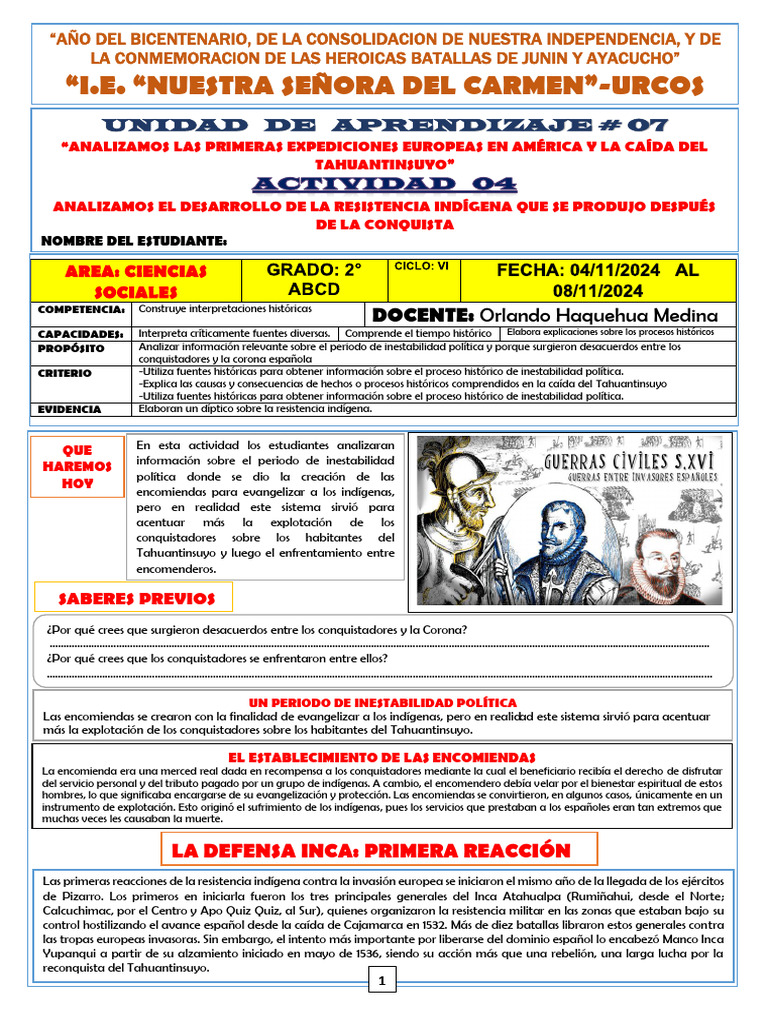 Act.04 CC - Ss2° Unidad 07 | PDF | Francisco Pizarro | Imperio español