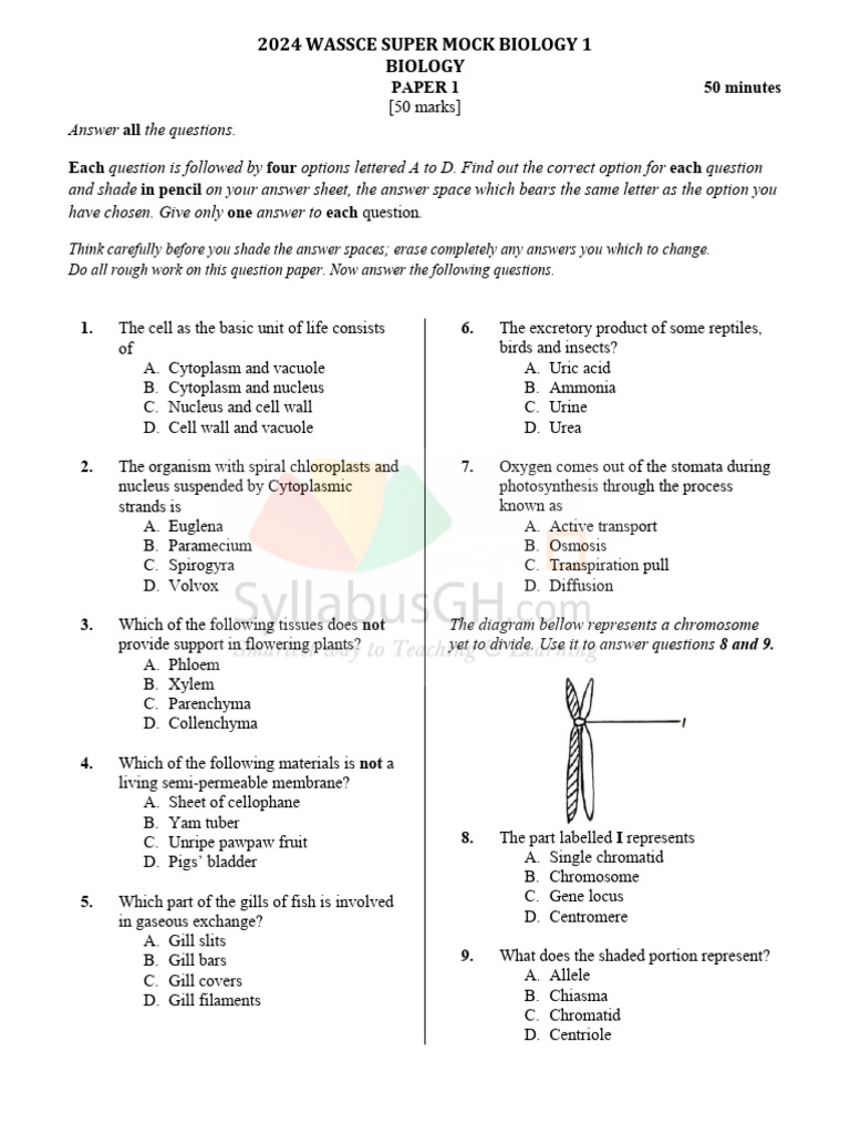 2024 WASSCE Biology Mock Paper 1 | PDF | Dominance (Genetics) | Tissue ...