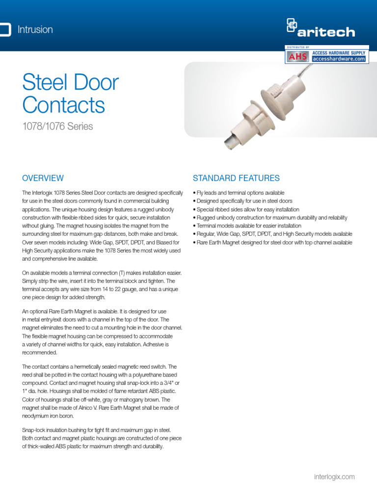 Sentrol 1078 1076 Series Magnetic Contacts Data Sheet | PDF | Switch ...