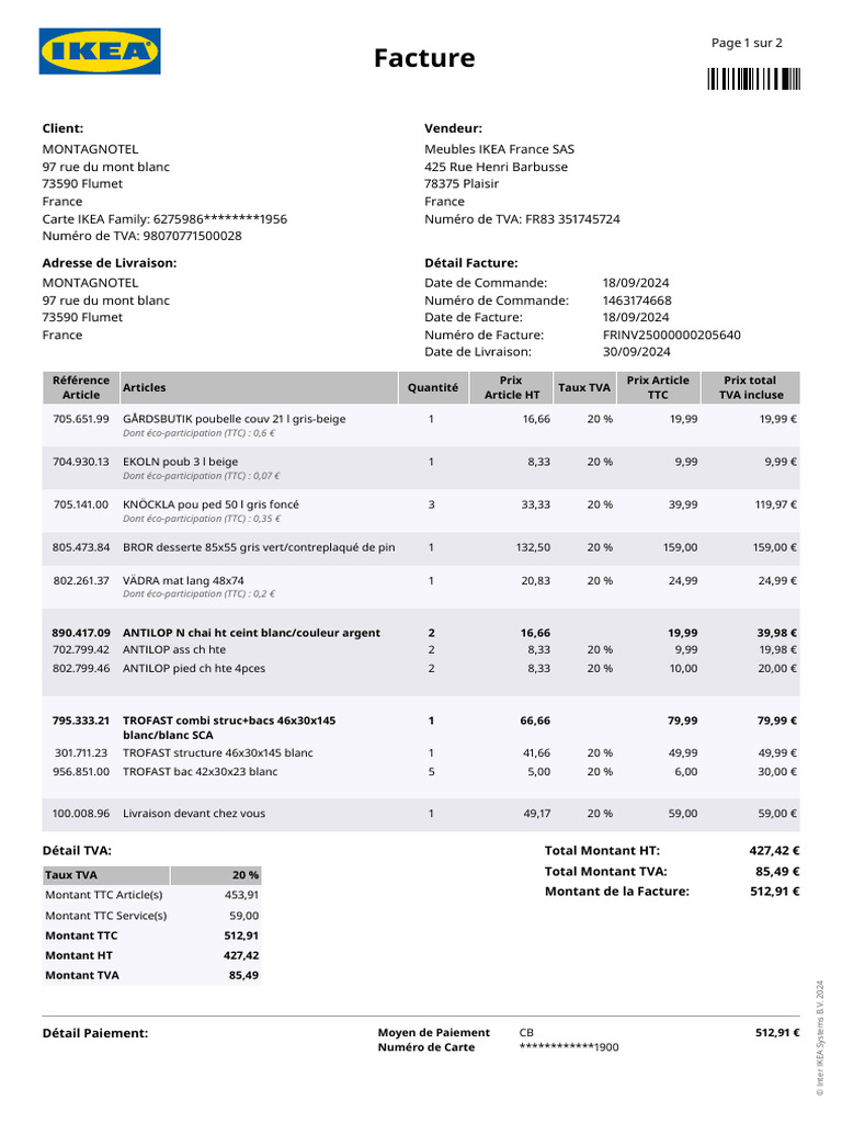 Facture IKEA - MONTAGNOTEL 2024 | PDF | Taxe sur la valeur ajoutée ...