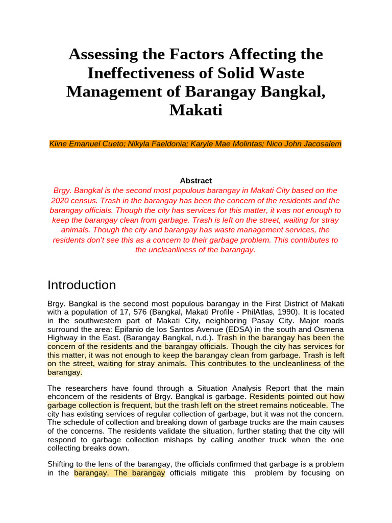 Waste Management Issues in Barangay Bangkal | PDF | Environmental ...
