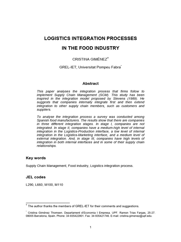 Logistics Integration Processes in The Food Industry | PDF | Supply ...