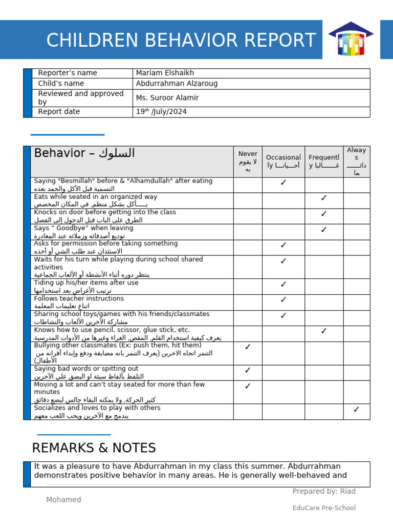 Abdurrahman Behavior Report Summary | PDF | Behavior Modification | Social Psychology