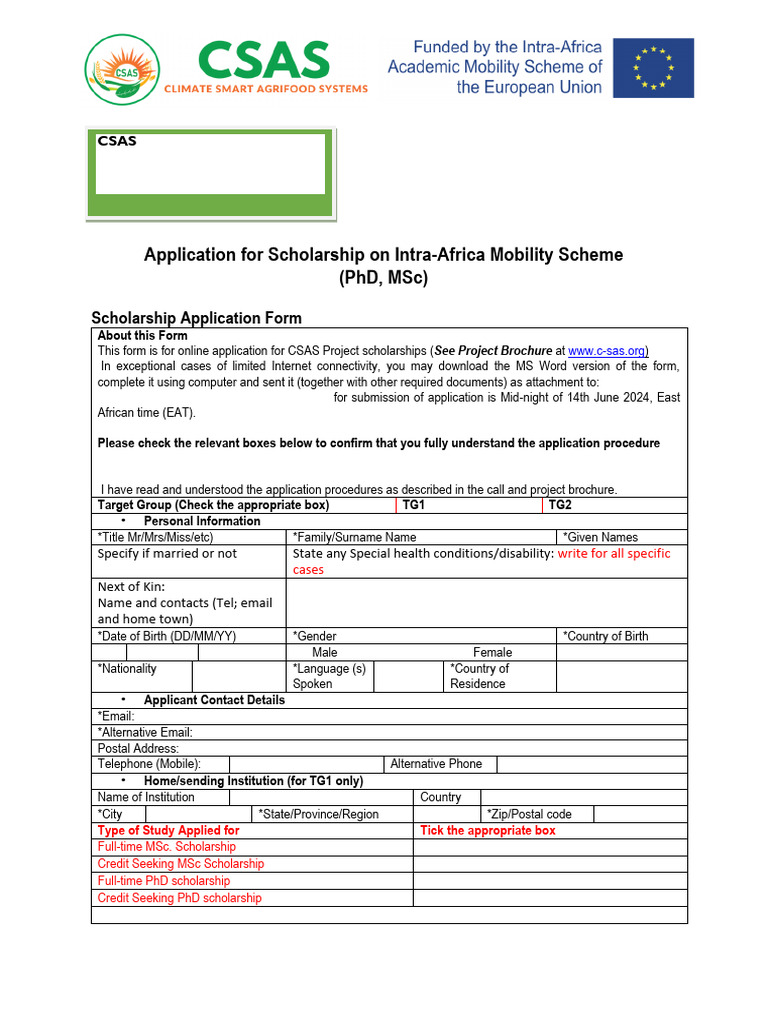 Intra-Africa Mobility Scholarship Application | PDF | Doctor Of ...