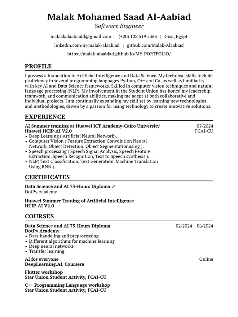Malak Al-Aabiad CV | PDF | Artificial Intelligence | Intelligence (AI) & Semantics