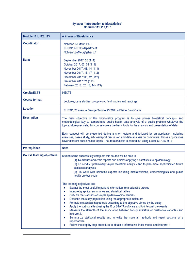Syllabus-Biostat | PDF | Statistics | Regression Analysis