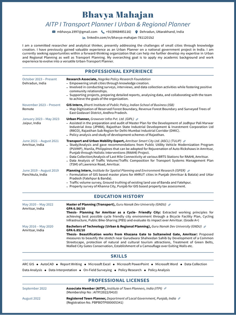 1 - Bhavya Mahajan Urban Transport Planner CV | PDF | Punjab | European Union
