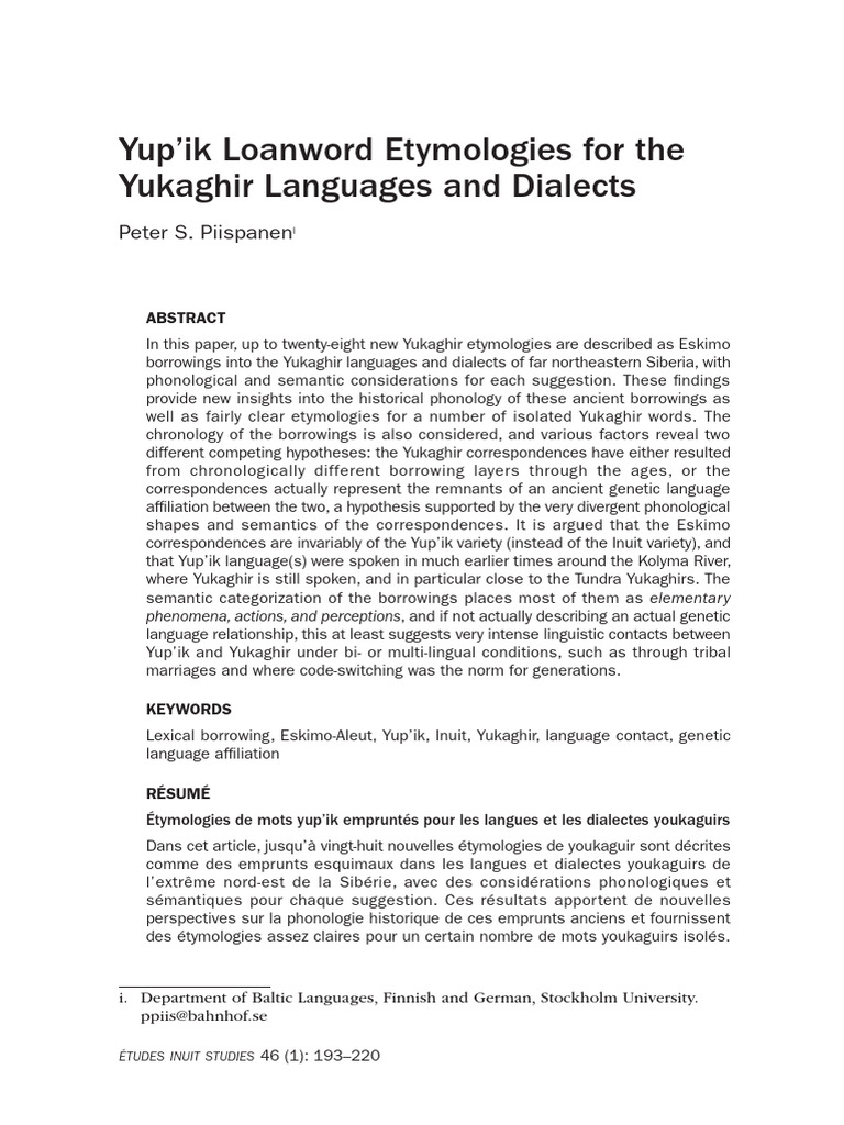 Yupik Loanword Etymologies For The Yukag | PDF | Eskimo | Linguistics
