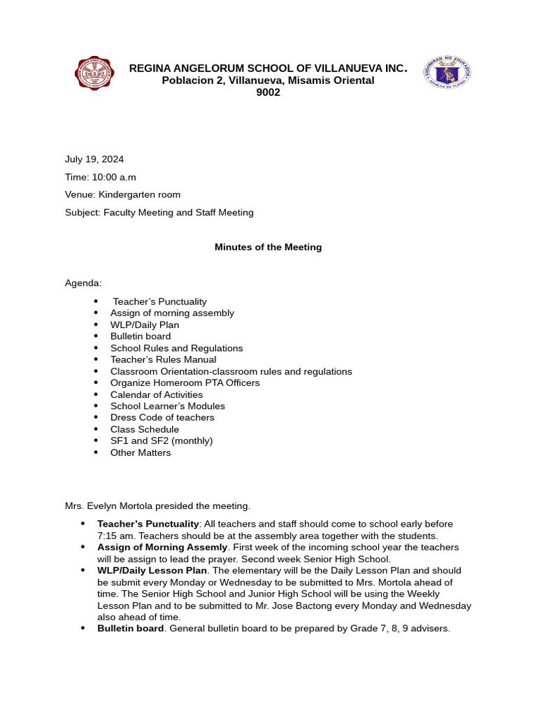Faculty Meeting Minutes - Regina Angelorum School | PDF | Teachers ...