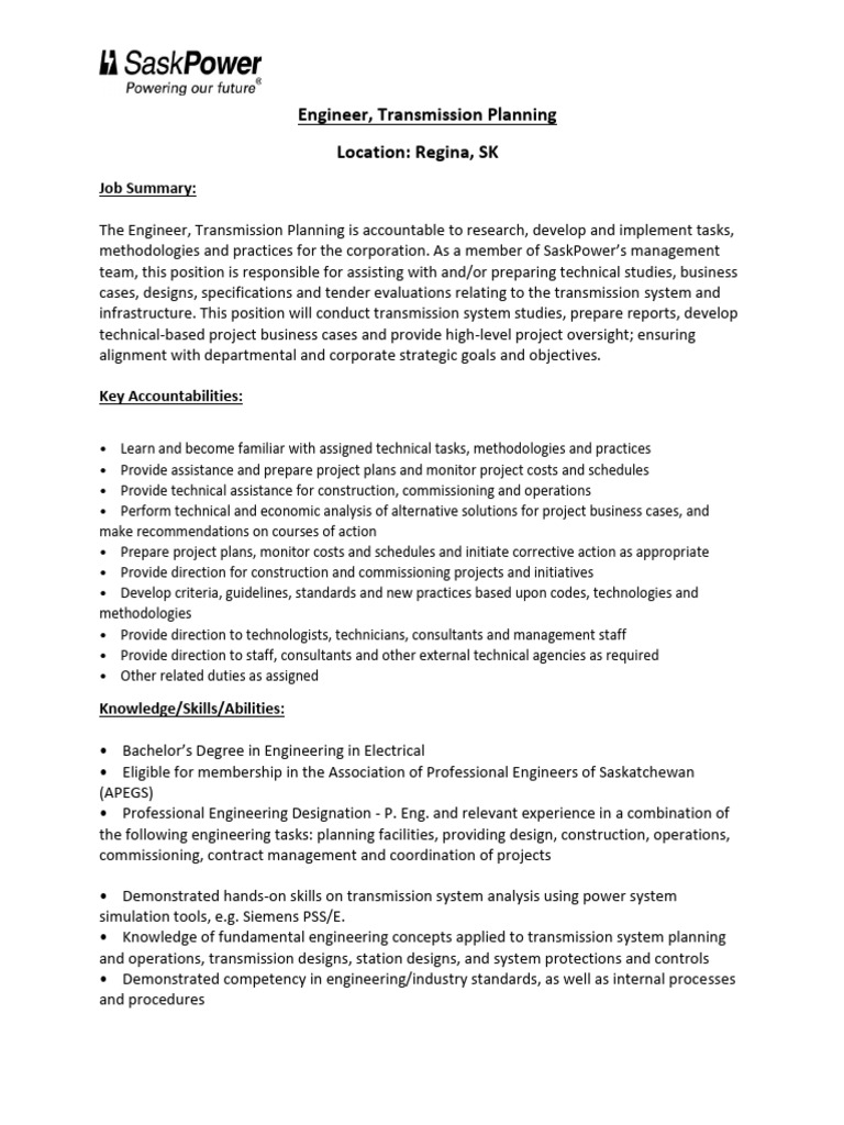 Saskpower Engineer Transmission Planning 1 | PDF | Engineering | Consultant