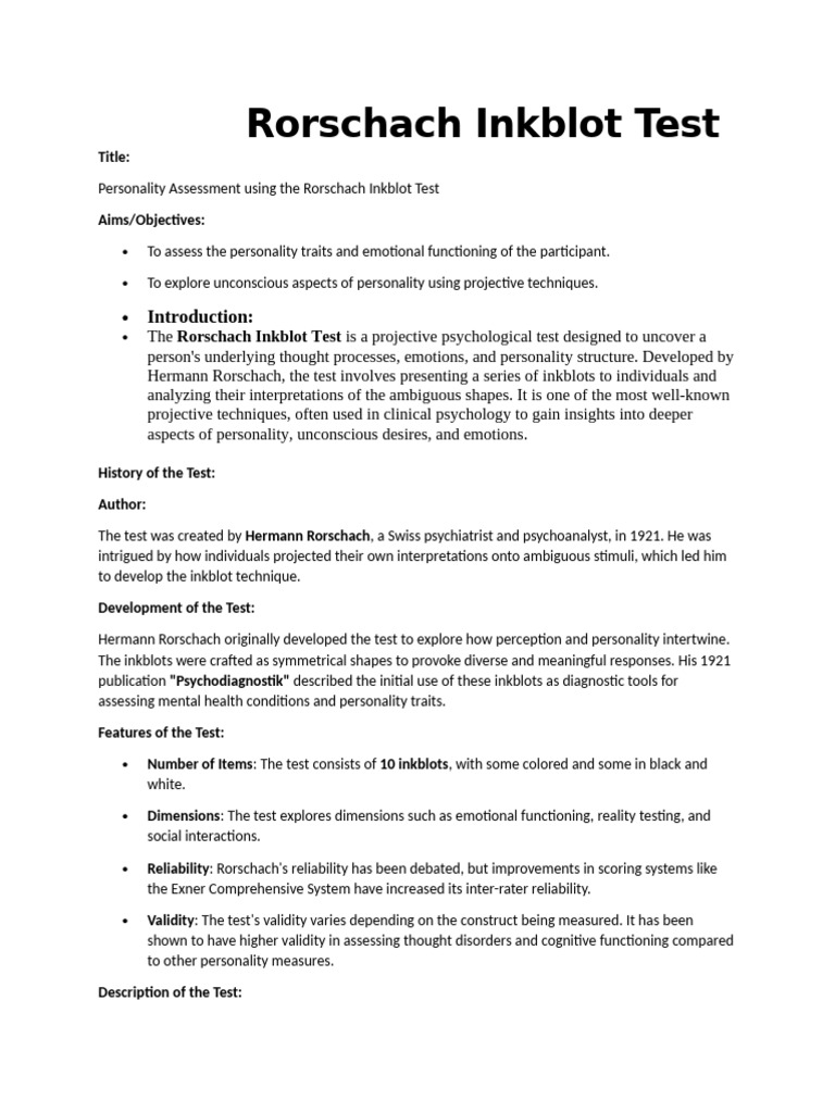Rorschach Inkblot Test Final | PDF | Psychology | Cognition