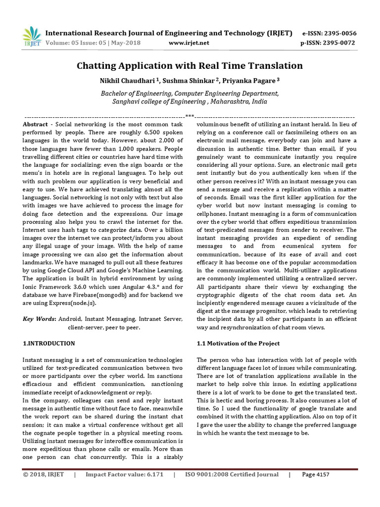 IRJET Chatting Application With Real Tim | PDF | Instant Messaging | Server (Computing)