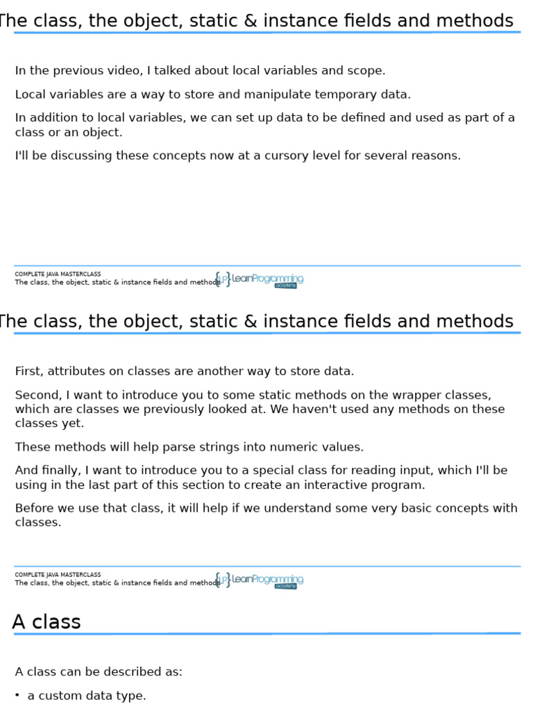 69 Slides Control Flow The Class The Object Static And Instance Fields And Methods Pdf Class