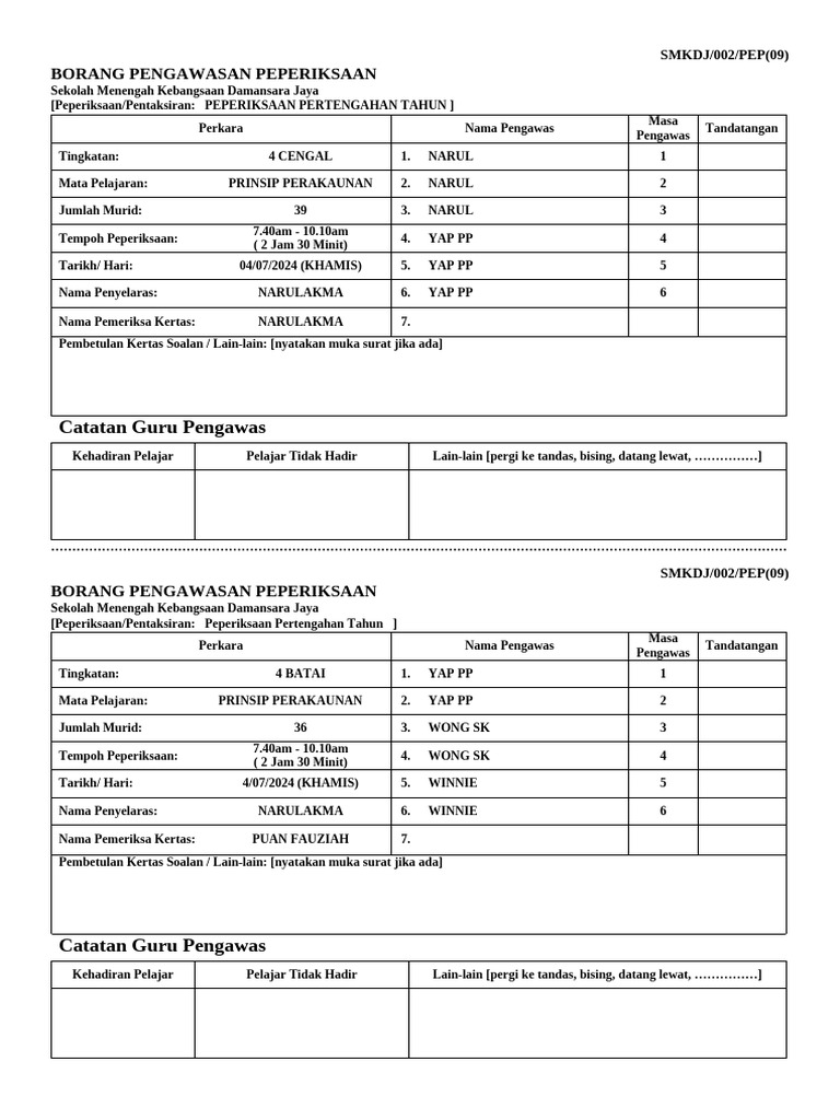 Templat BORANG PENGAWASAN PEPERIKSAAN | PDF