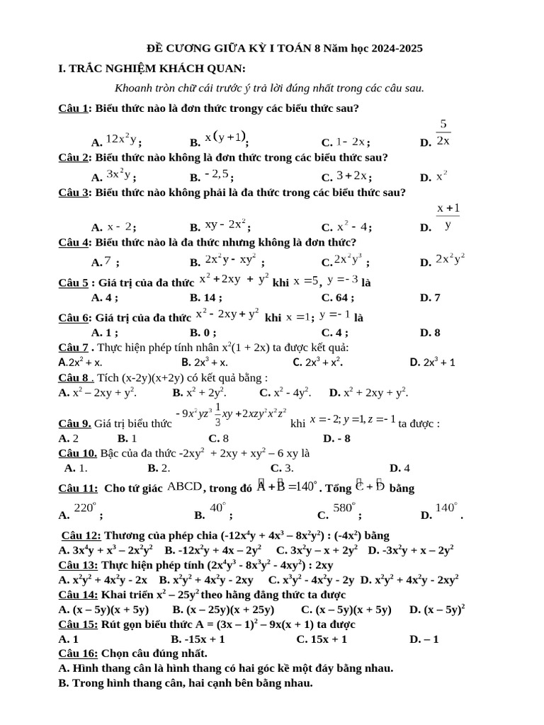 De Cuong Giua Ki 1 Môn Toán 8 | PDF