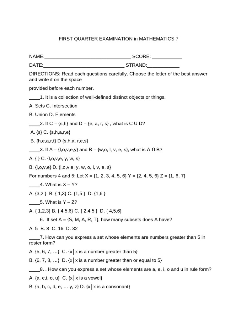 1ST QUARTER EXAM | PDF | Mathematical Objects | Mathematical Notation