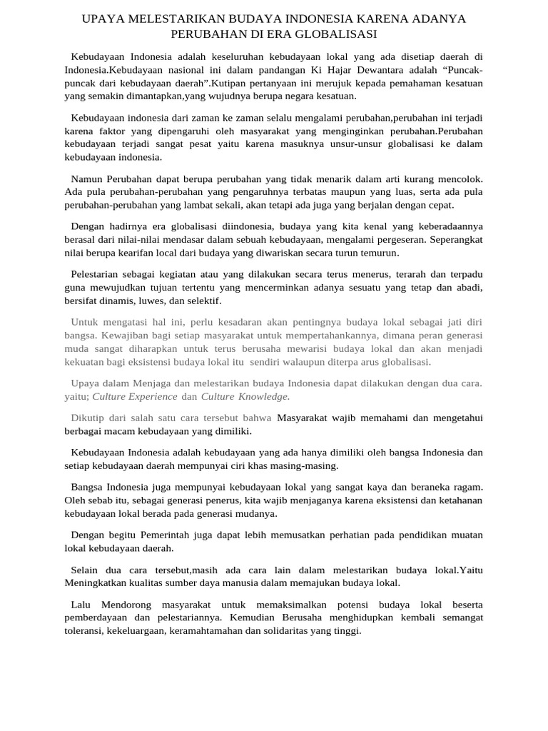 Pelestarian Budaya Indonesia di Era Globalisasi | PDF