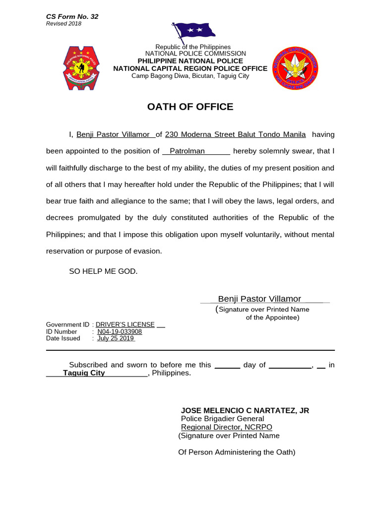Oath of Office for Philippine Patrolman | PDF