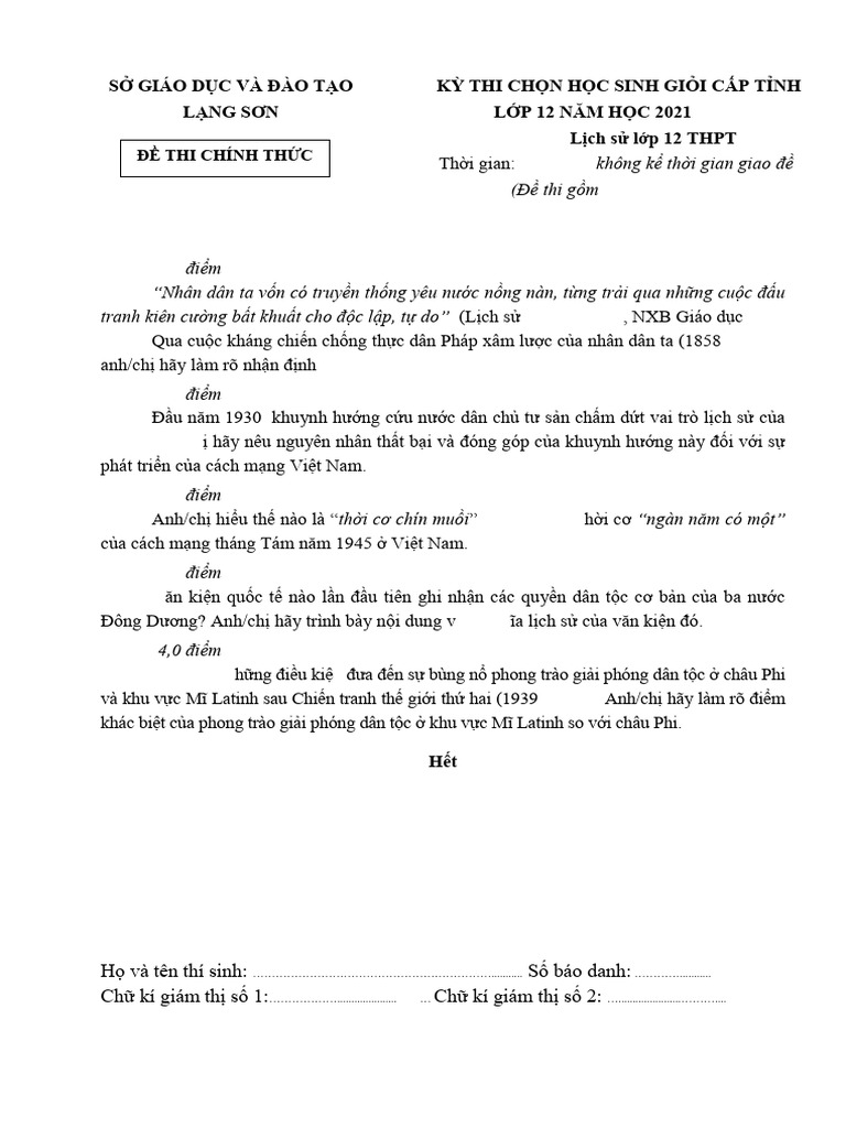 De Hoc Sinh Gioi Tinh Lich Su 12 THPT Nam 2021 2022 So GDDT Lang Son | PDF