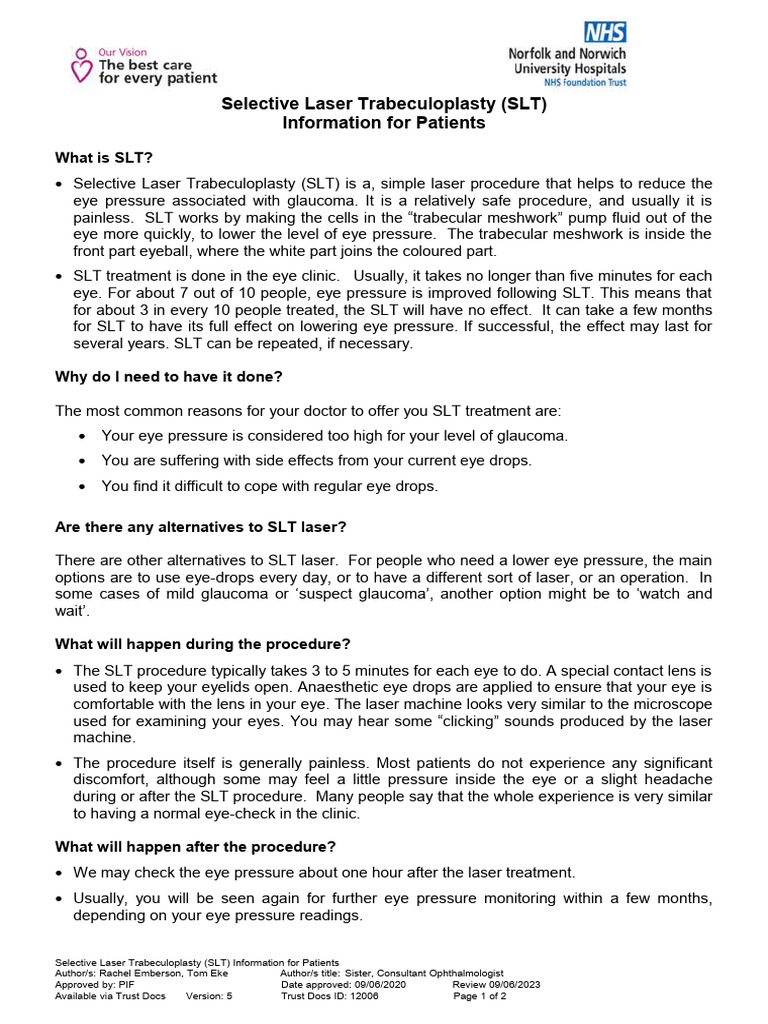 Selective Laser Trabeculoplasty SLT Information For Patients v5 | PDF ...