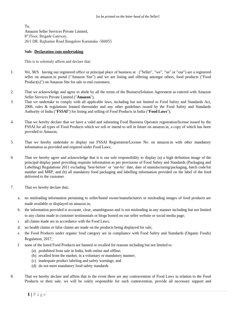 FSSAI Seller Declaration Document. CB573092252 | PDF | Food Safety ...