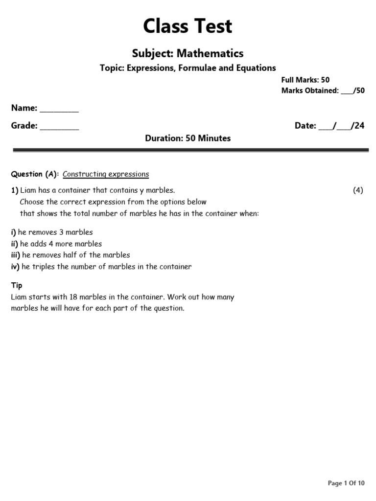 Test On Expressions, Formulae and Equations | PDF | Equations | Mathematics