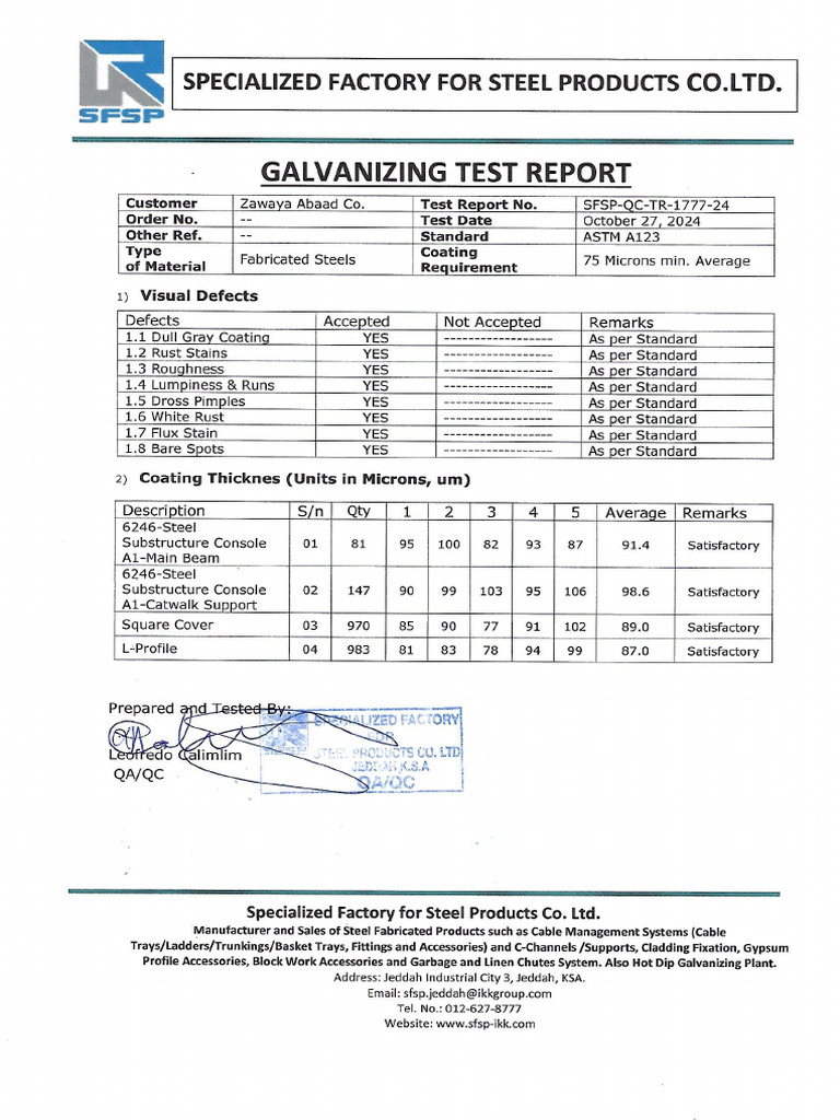Galvanizing Test Report-Zawaya Abaad Co | PDF
