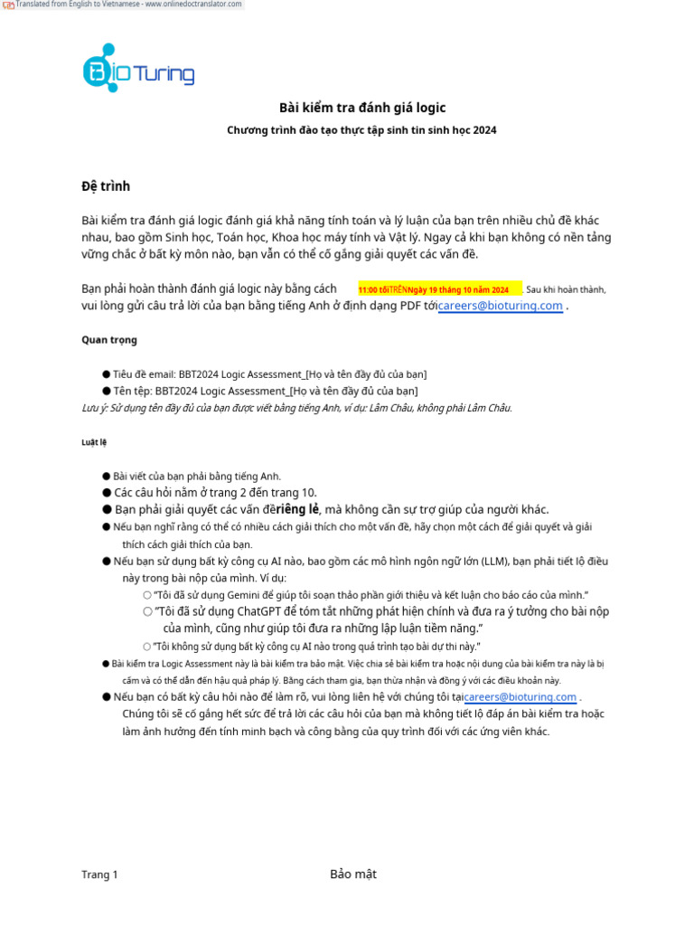 Bioinformatics Trainee Program 2024 - Logic Assessment Test - En.vi | PDF