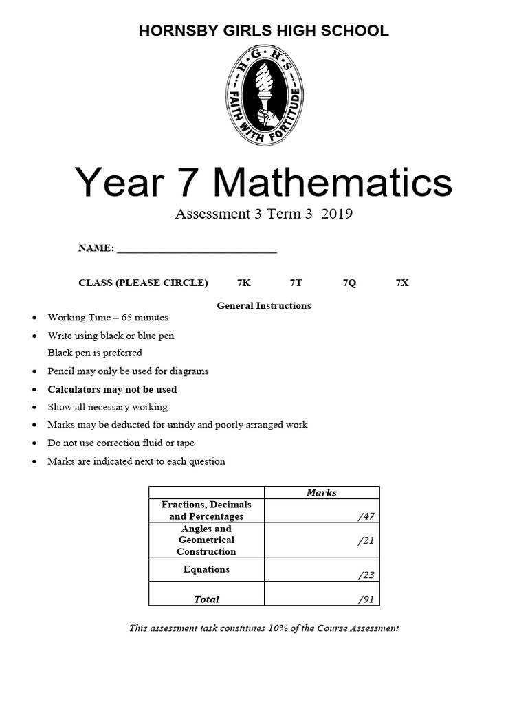 Year 7 Assessment 3 2019 | PDF | Elementary Mathematics | Mathematics