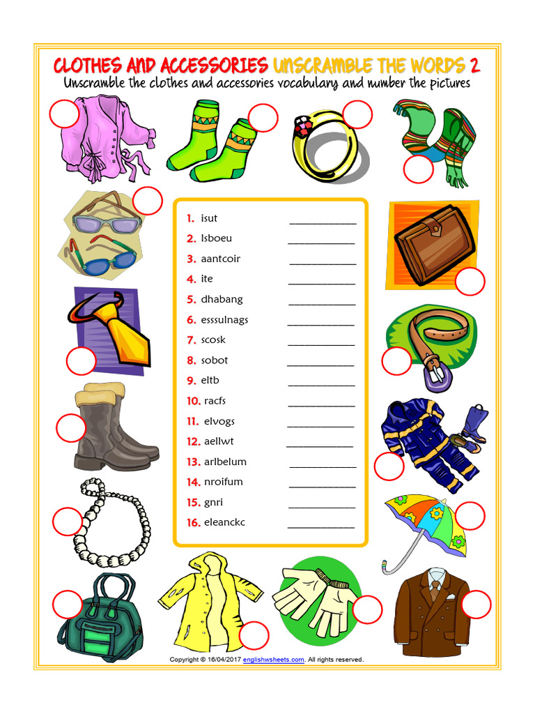 Clothes and Accessories Vocabulary Esl Unscramble The Words Worksheets ...