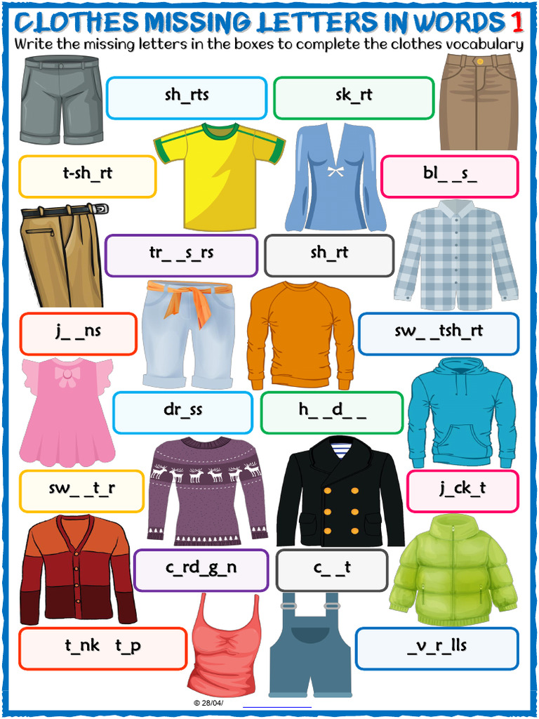 Clothes Vocabulary Esl Missing Letters in Words Worksheets For Kids ...