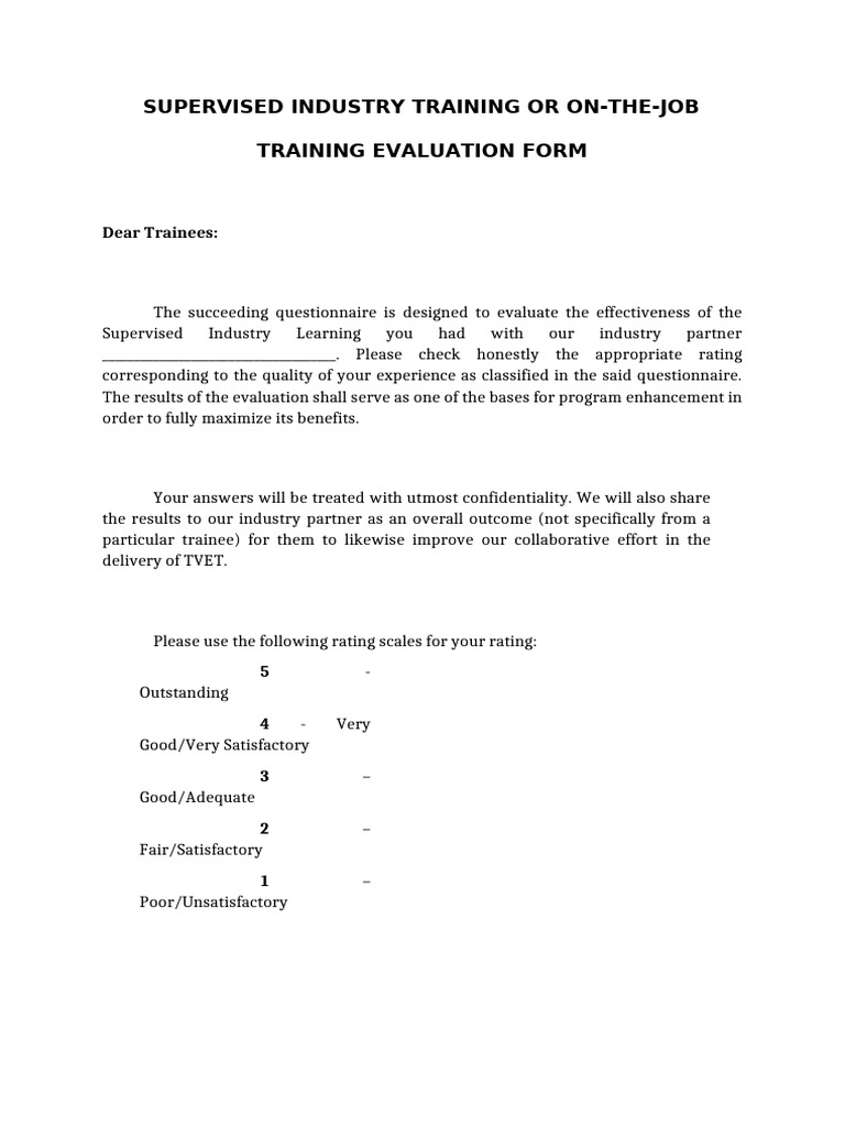 Supervised Industry Training or On-The-Job Training Evaluation Form | PDF