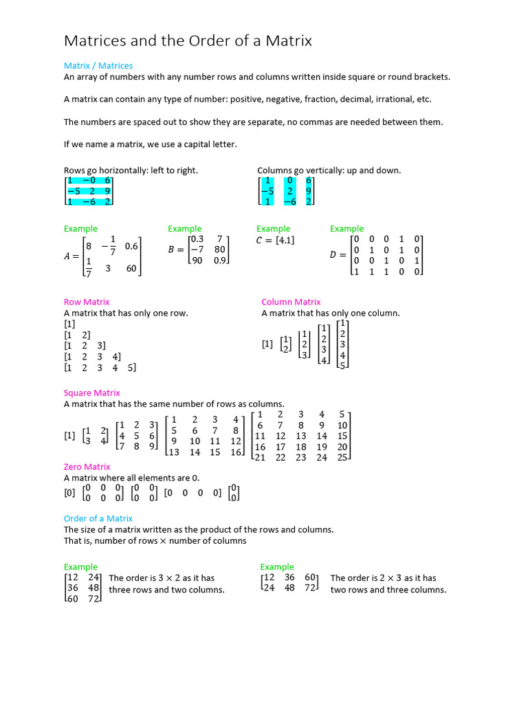 Matrices and the Order of a Matrix | PDF | Matrix (Mathematics) | Bracket