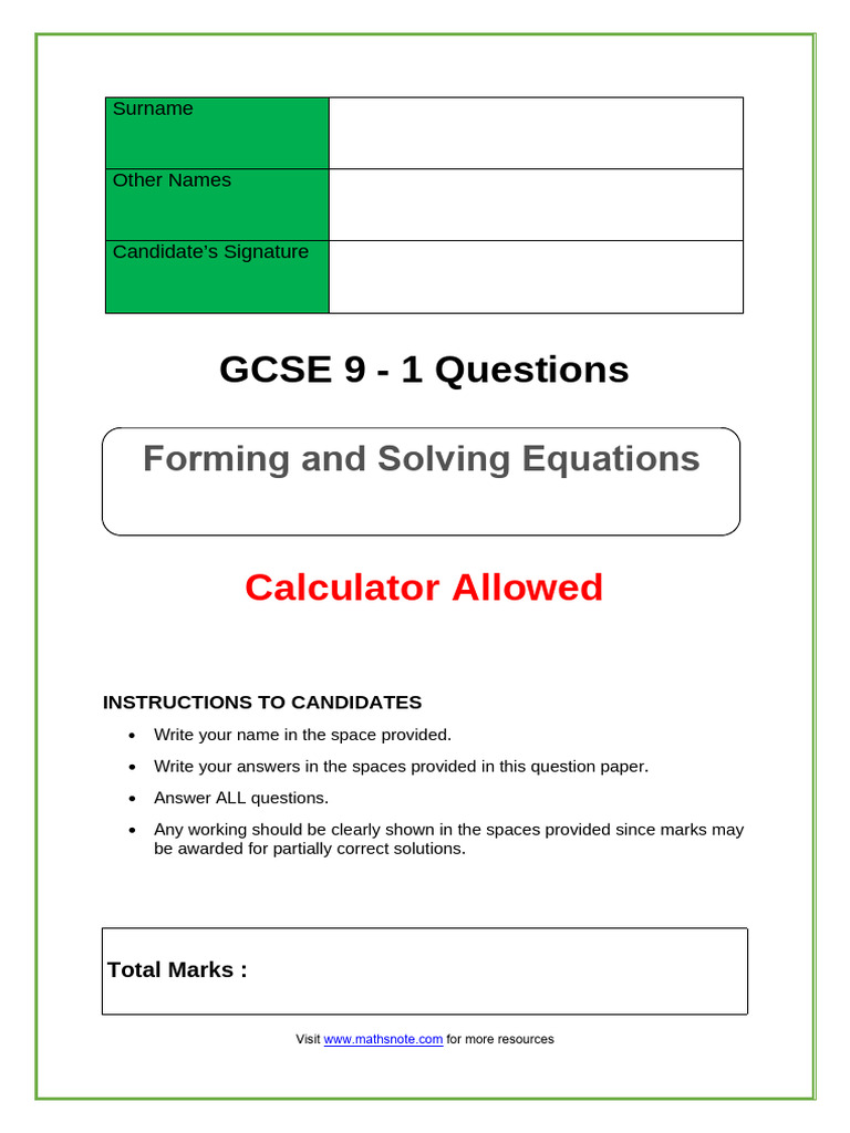 Forming and Solving Equations | PDF