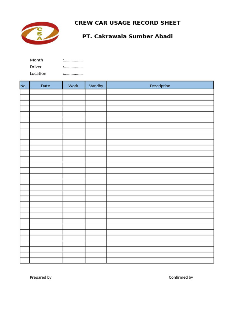 Crew Car Usage Record Template | PDF